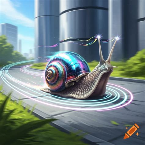 A Vibrant Futuristic Snail With A Glowing Iridescent Shell Speeds