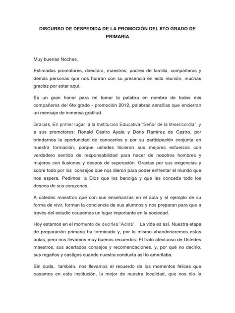 Discurso De Despedida A La Promociòn Del 6to Grado De Primaria