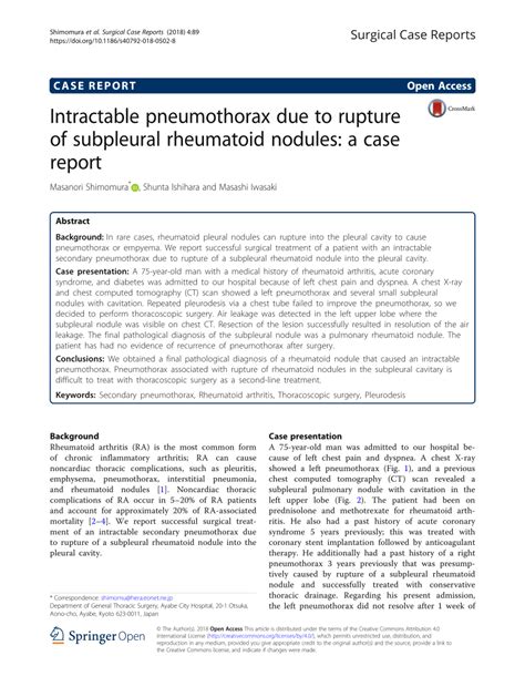 Pdf Intractable Pneumothorax Due To Rupture Of Subpleural Rheumatoid Nodules A Case Report