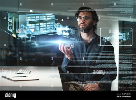 Business Man Architecture And Design Hologram In Data Analysis Focus