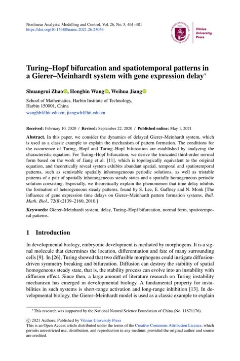 Pdf Turinghopf Bifurcation And Spatiotemporal Patterns In A Gierer