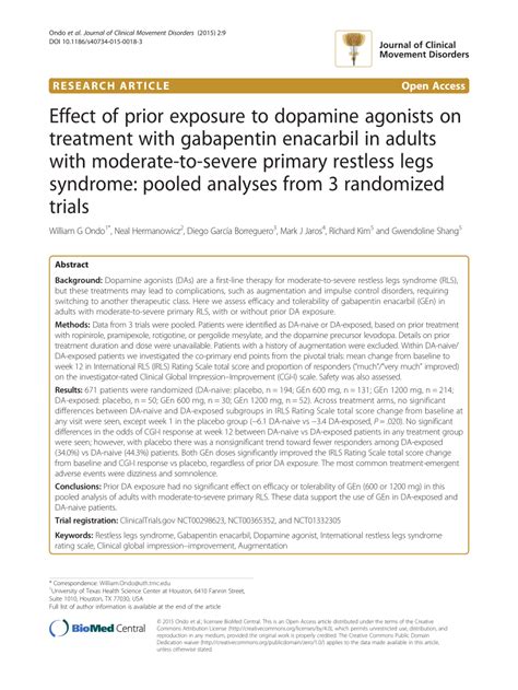 Pdf Effect Of Prior Exposure To Dopamine Agonists On Treatment With