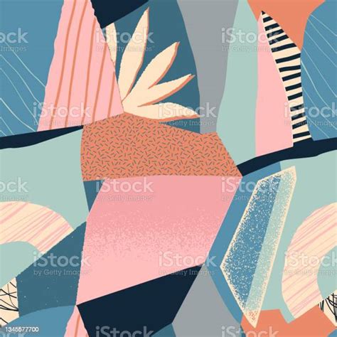 펑키 기하학적 모양은 콜라주 원활한 패턴을 잘라냅니다 추상적인 꽃 열대 및 기하학 배경 주제에 대한 스톡 벡터 아트 및 기타 이미지 배경 주제 열대 기후 0명