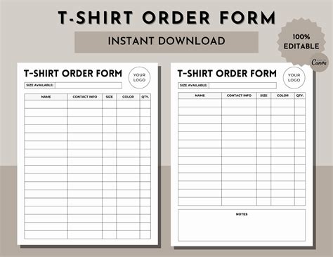 Printable Tshirt Order Form Template Editable Order Form Customizable T