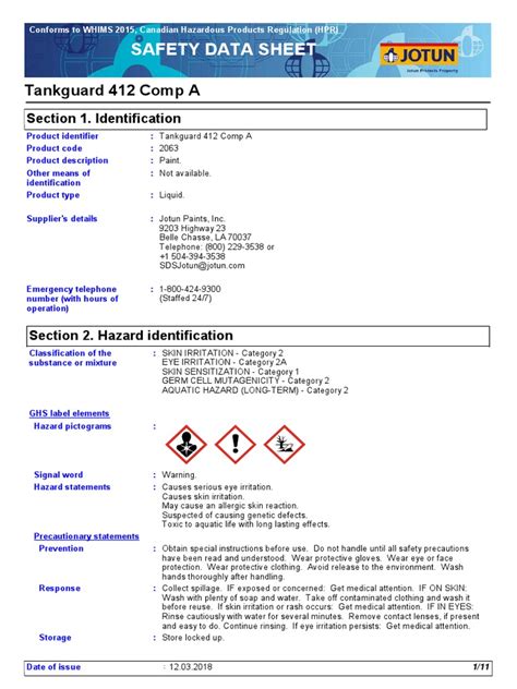 Safety Data Sheet Tankguard 412 Comp A Pdf Dangerous Goods Toxicity
