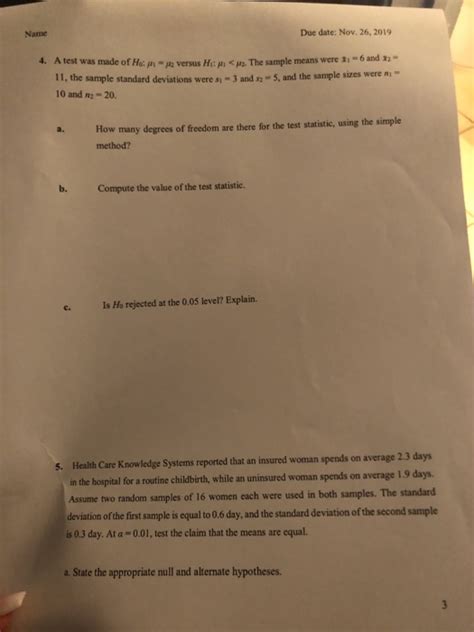 Solved Name Due Date Nov 26 2019 4 A Test Was Made Of