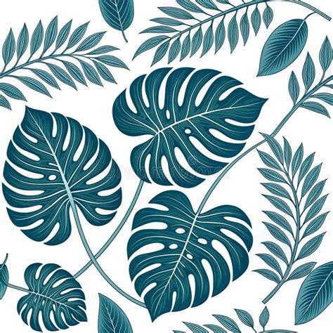 Elegant Teal Tropical Leaves Pattern With Monstera And Ferns Isolated