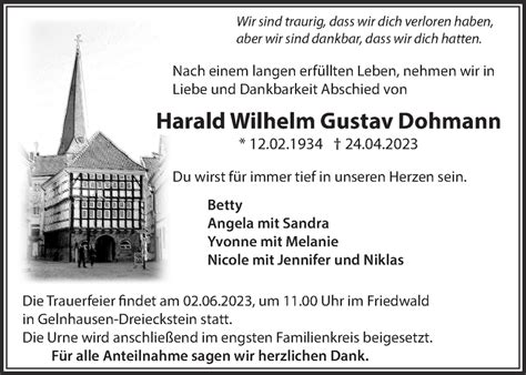 Traueranzeigen Von Harald Wilhelm Gustav Dohmann Trauer Gnz De