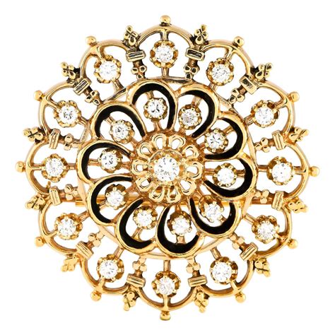 Vintage 14k Yellow Gold 170ct Diamond Enameled Broochpendant For Sale