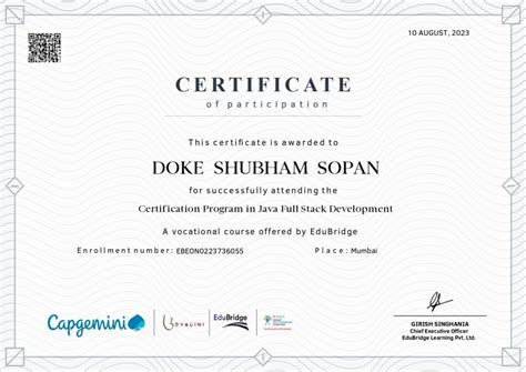 Capgemini Capgeminiindia Fullstackjavadeveloper Linkedin Edubridge Certified Shubham Doke