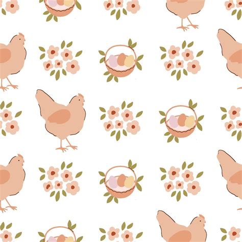 Beige Easter Hen Eggs In Basket Flowers Seamless Pattern Pastel Farm