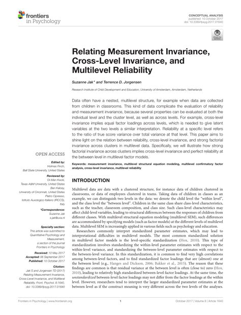Pdf Relating Measurement Invariance Cross Level Invariance And Multilevel Reliability