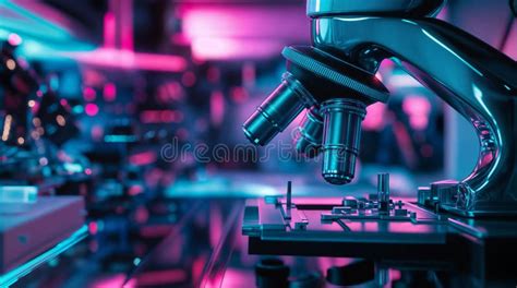 modern microscope analyzing samples in a futuristic laboratory with neon lights stock image