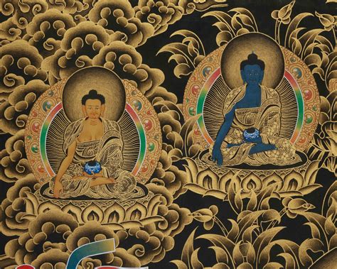 Gold Thangka Of Shakyamuni Buddha Five Dhyani Buddhas With Two Disci