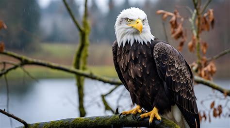 Closeup Of A Bald Eagle Perched On A Tree Branch Near A Serene Lake