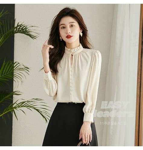 여성 풀오버 가을 여자 프릴넥 상의 봄 긴팔 블라우스 셔츠 Eo1 티몬