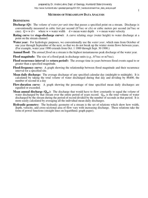 Streamflow Data Analysis Methods Pdf Discharge Hydrology Flood