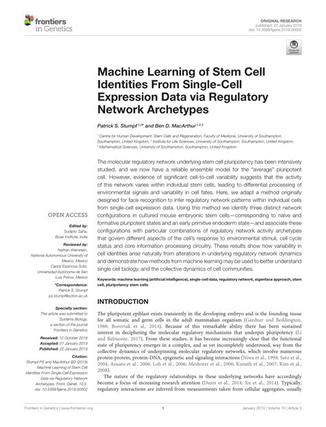 Pdf Machine Learning Of Stem Cell Identities From Single Cell Expression Data Via Regulatory
