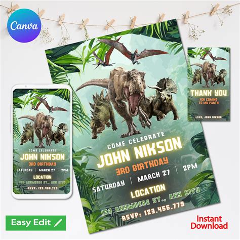 Editable Jurassic World Birthday Invitation Canva Template Printable