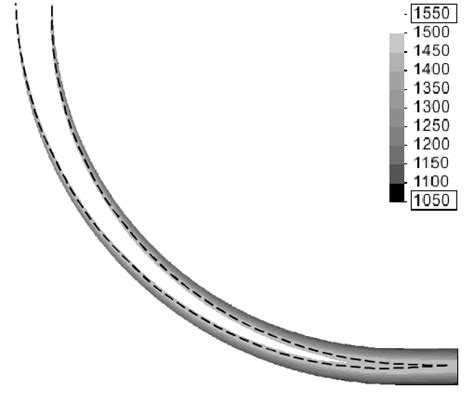 Temperature Distribution And Solidification Front Dashed Along The