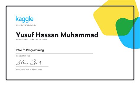 Yusuf Hassan Muhammad Completed The Intro To Programming Course On Kaggle