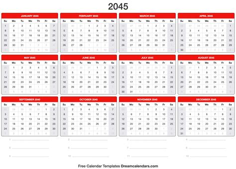 2045 Calendar Free Printable Yearly Calendar With Holidays