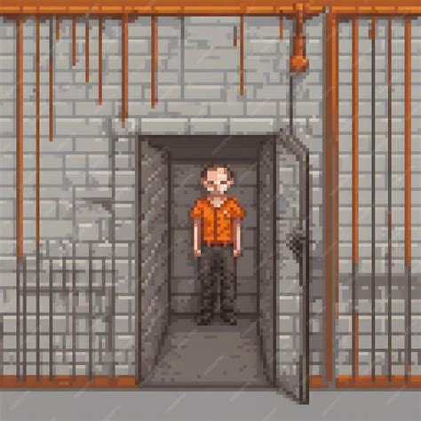 刑務所の牢屋にいる男を描いたピクセルアートが 監禁の厳しい現実を示しています Premium Ai生成画像