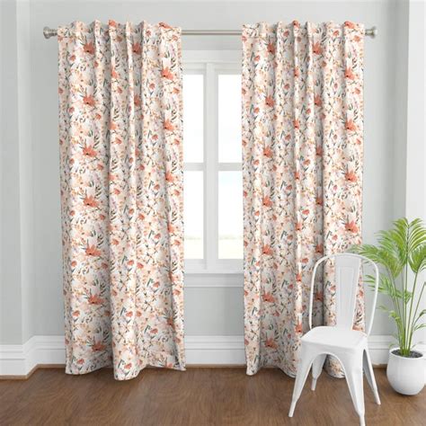 Peach Flowers Curtain Panel Spring Coral Orange Pink Earth Tones