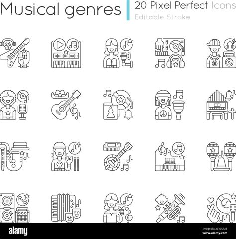 Musical Genres Pixel Perfect Linear Icons Set Stock Vector Image Art