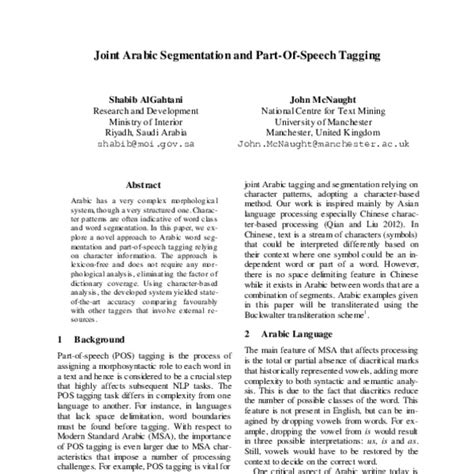 Joint Arabic Segmentation And Part Of Speech Tagging Acl Anthology