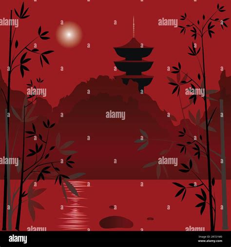 Magic Asian Lake With Sunset Background And Bamboo Stock Vector Image