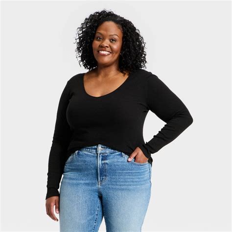Womens Long Sleeve Ribbed V Neck T Shirt Universal Thread™ Black Xxl