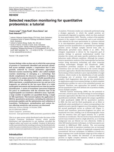 Pdf Review Selected Reaction Monitoring For Quantitative Proteomics