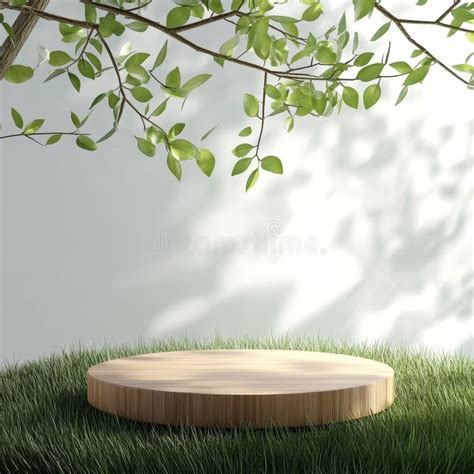 Wooden Platform On Green Grass With Leaves 3d Render Stock
