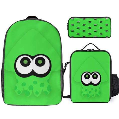 Green Splatoon Squid Schoolbag With Lunch Bag Pencil Case Set Unisex