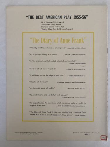 Susan Strasberg The Diary Of Anne Frank Souvenir Theatre Program