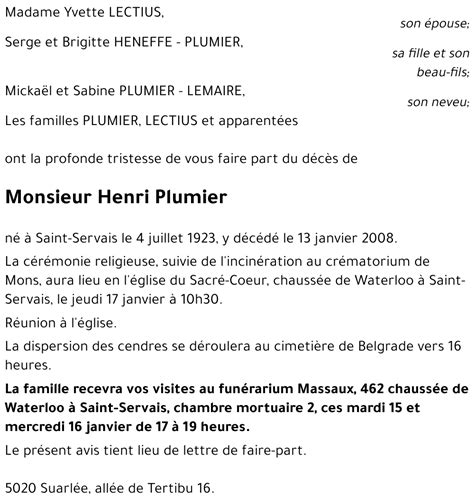 Avis De Décès De Henri Plumier Décédé Le 13012008 à Saint Servais Annonce Condoléances