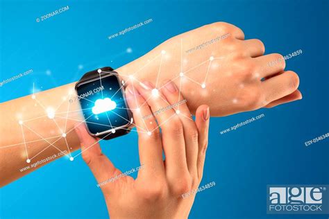 Naked Female Hand With Smartwatch And With Cloud Technology And Connection Symbol Stock Photo