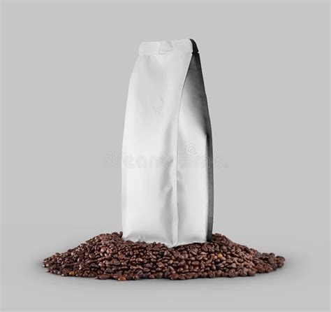 White Coffee Pouch Mockup Packaging Presentation On Coffee Beans Side View For Design