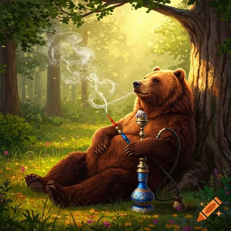 A Large Brown Bear Sits Relaxed Under A Sunlit Tree In A Forest