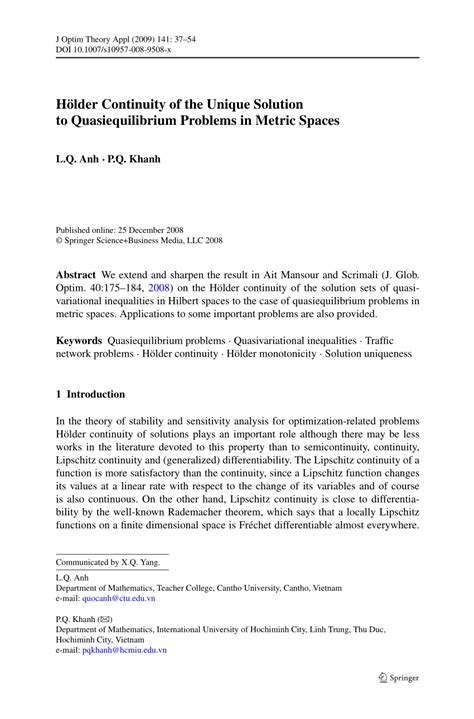 Pdf Hölder Continuity Of The Unique Solution To Quasiequilibrium Problems In Metric Spaces