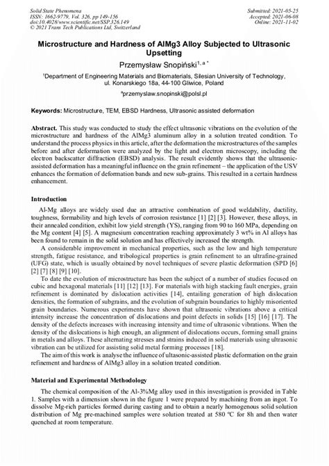 Microstructure And Hardness Of Almg3 Alloy Subjected To Ultrasonic Upsetting Scientificnet
