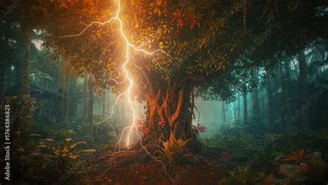 Lightning Bolt Striking Gnarled Tree Trunk In Jungle Illuminating