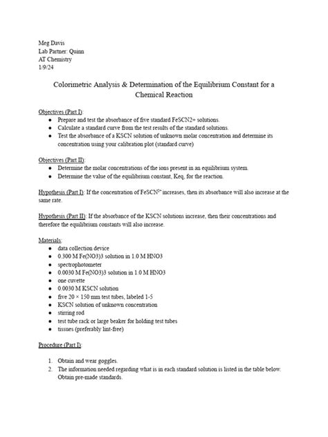 Colorimetric Analysis And Determination Of The Equilibrium Constant For A