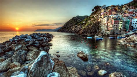 Cinque Terre Italia Rocas Piedras Mar Barcos Casas Puesta Del