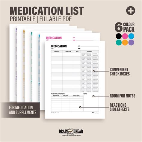 Medication Tracking List 6 Colour Pack With Reaction Side Effect