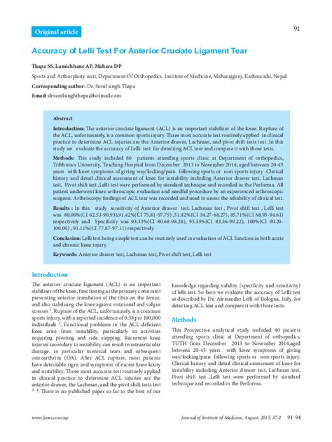 Accuracy Of Lelli Test For Anterior Cruciate Ligament Tear