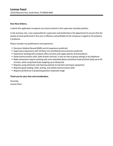 Supervisor Assistant Cover Letter Velvet Jobs