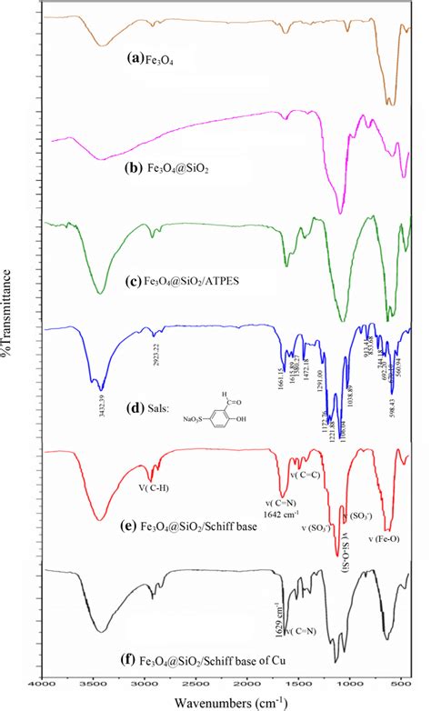 ft ir spectra a fe3o4 b fe3o4 sio2 c fe3o4 sio2 aptes and d sals e download scientific
