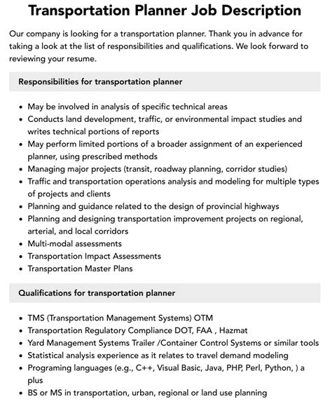Transportation Planner Job Description Velvet Jobs